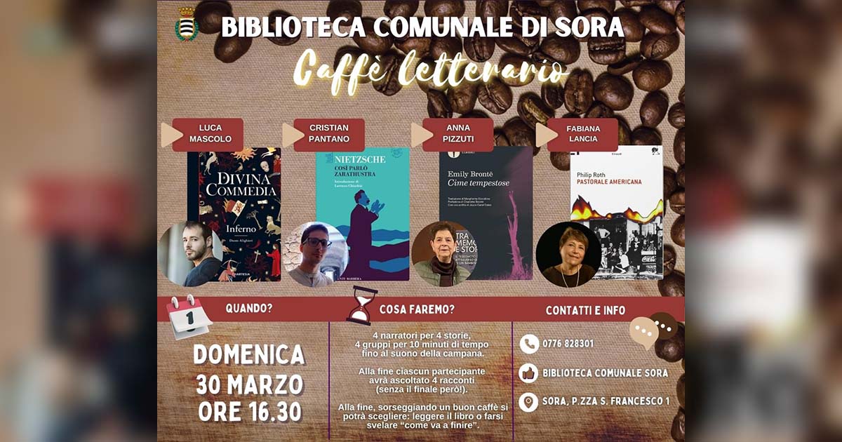 Sora: domenica 30 marzo Caffè Letterario con Luca Mascolo, Cristian Pantano, Anna Pizzuti ...